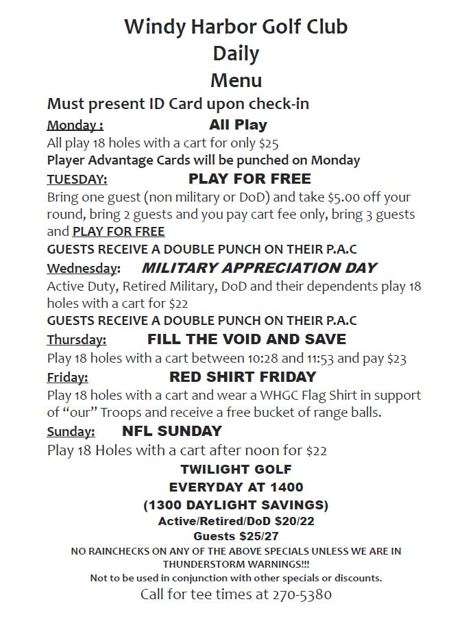 Daily Specials - Windy Harbor Golf Club